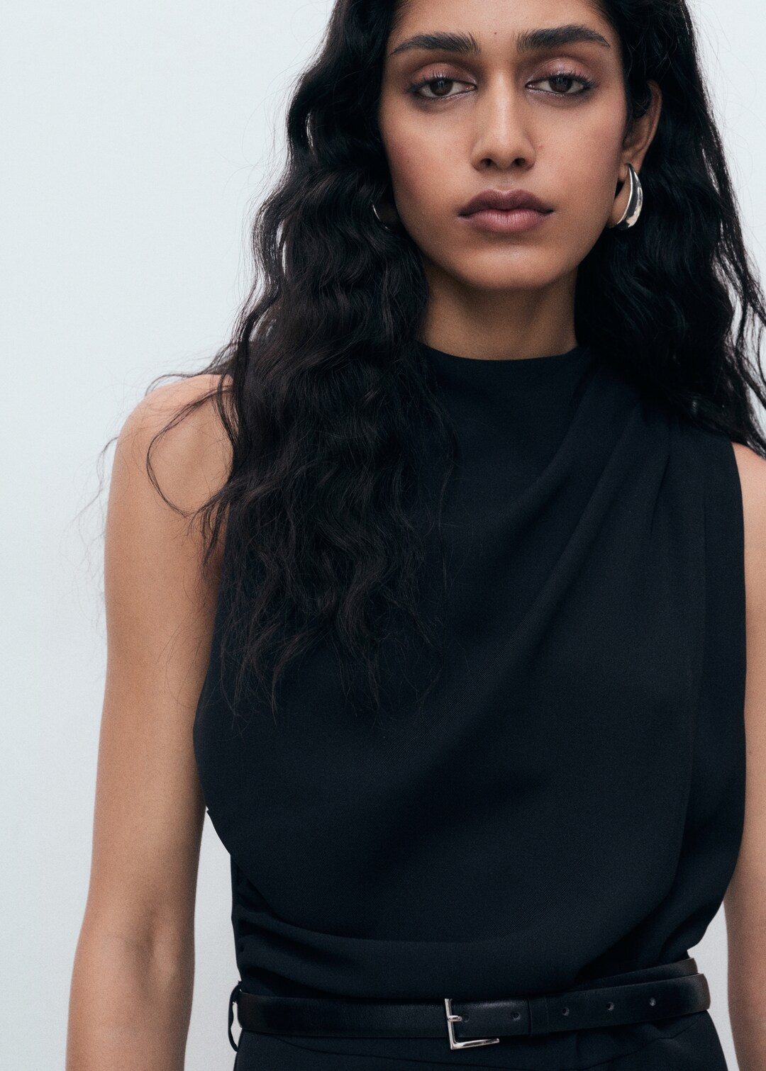 Long jumpsuit with draped neck and belt - Women | MANGO USA