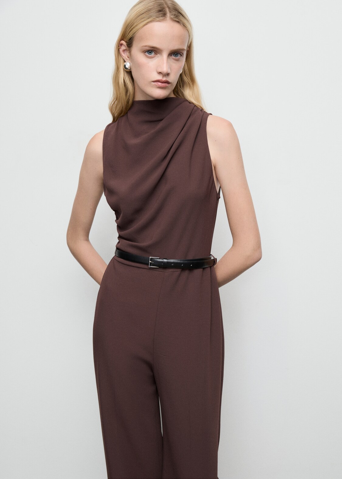 Long jumpsuit with draped neck and belt - Women | MANGO USA