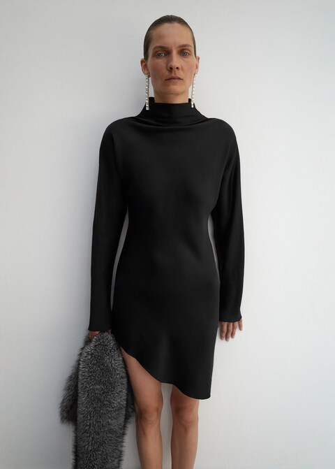 Asymmetrical satin-finish dress with asymmetrical hem - Women | MANGO ...