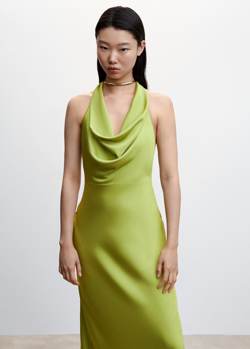 Draped neck satin dress