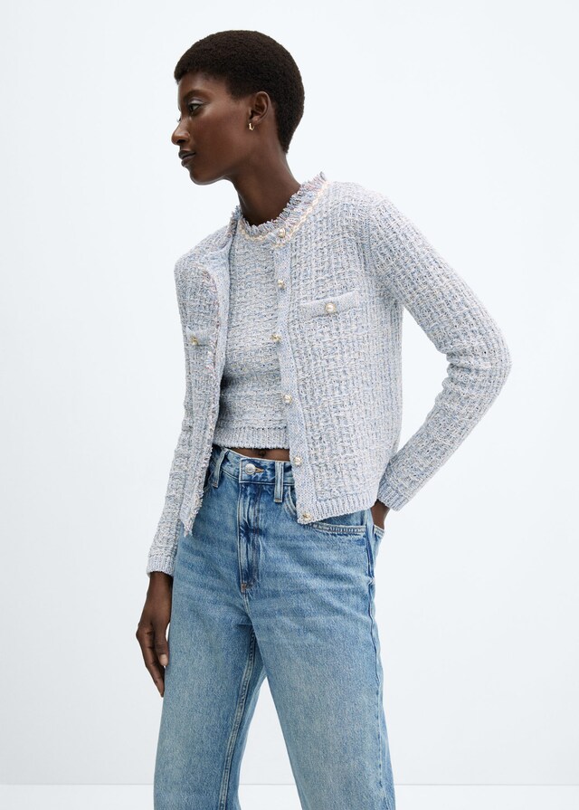 Tweed cardigan with jewel button | MANGO