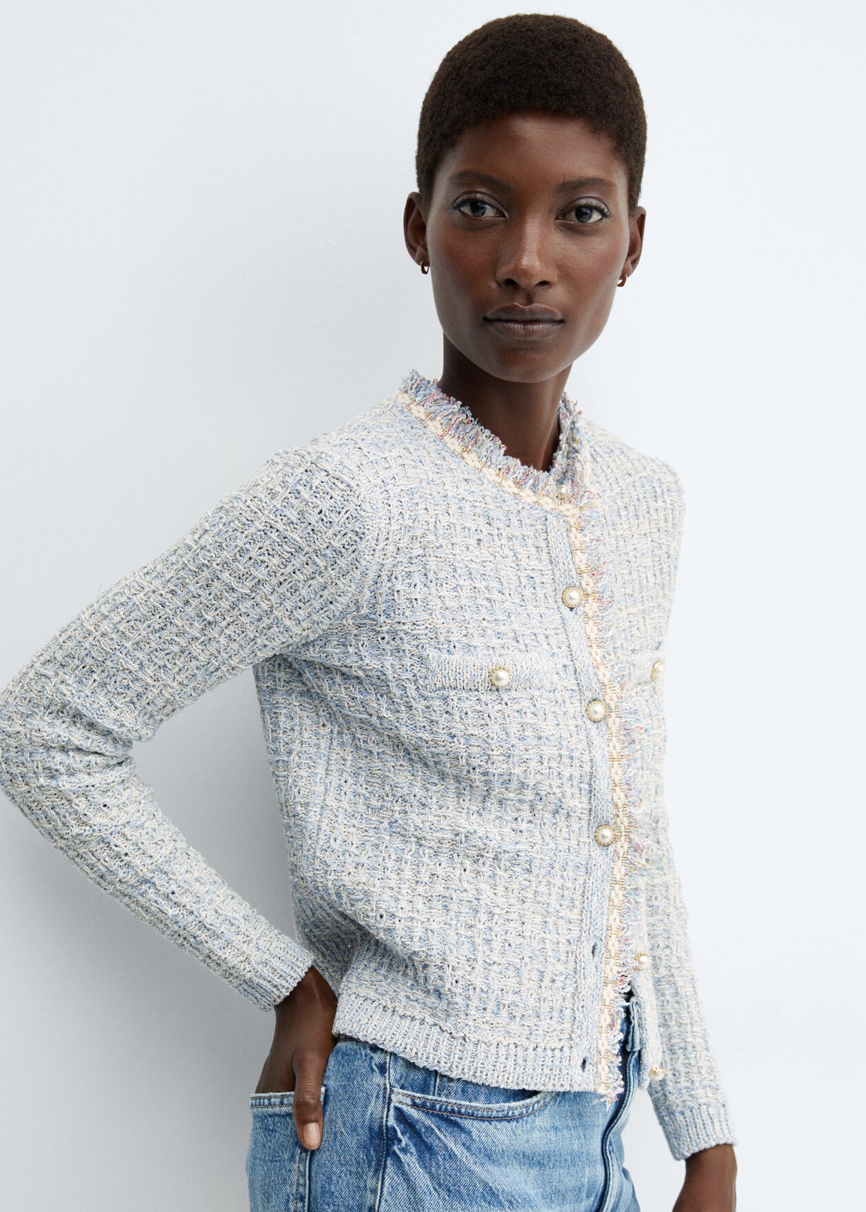 Tweed cardigan with jewel button | MANGO