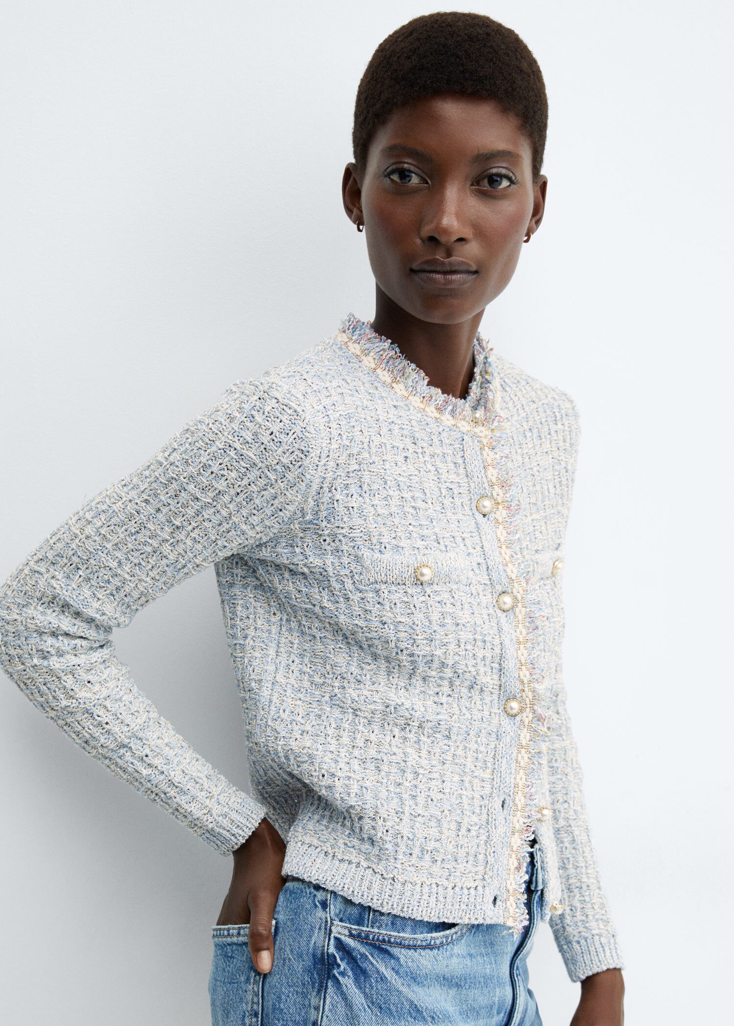 Tweed cardigan with jewel button | MANGO
