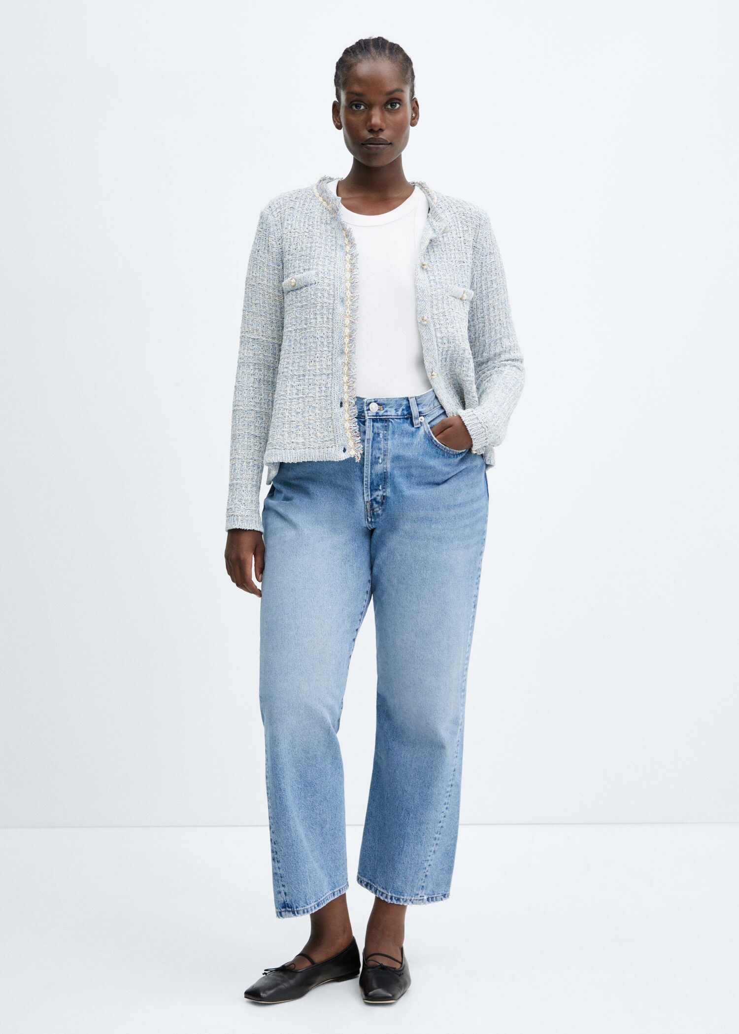 Tweed cardigan with jewel button | MANGO