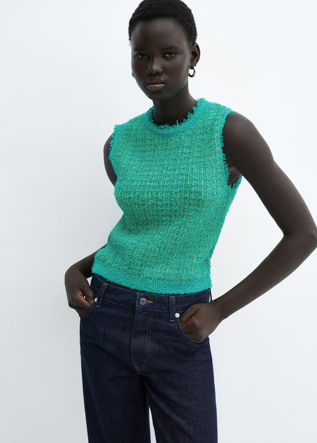 Tweed top with frayed detail - Woman | MANGO USA
