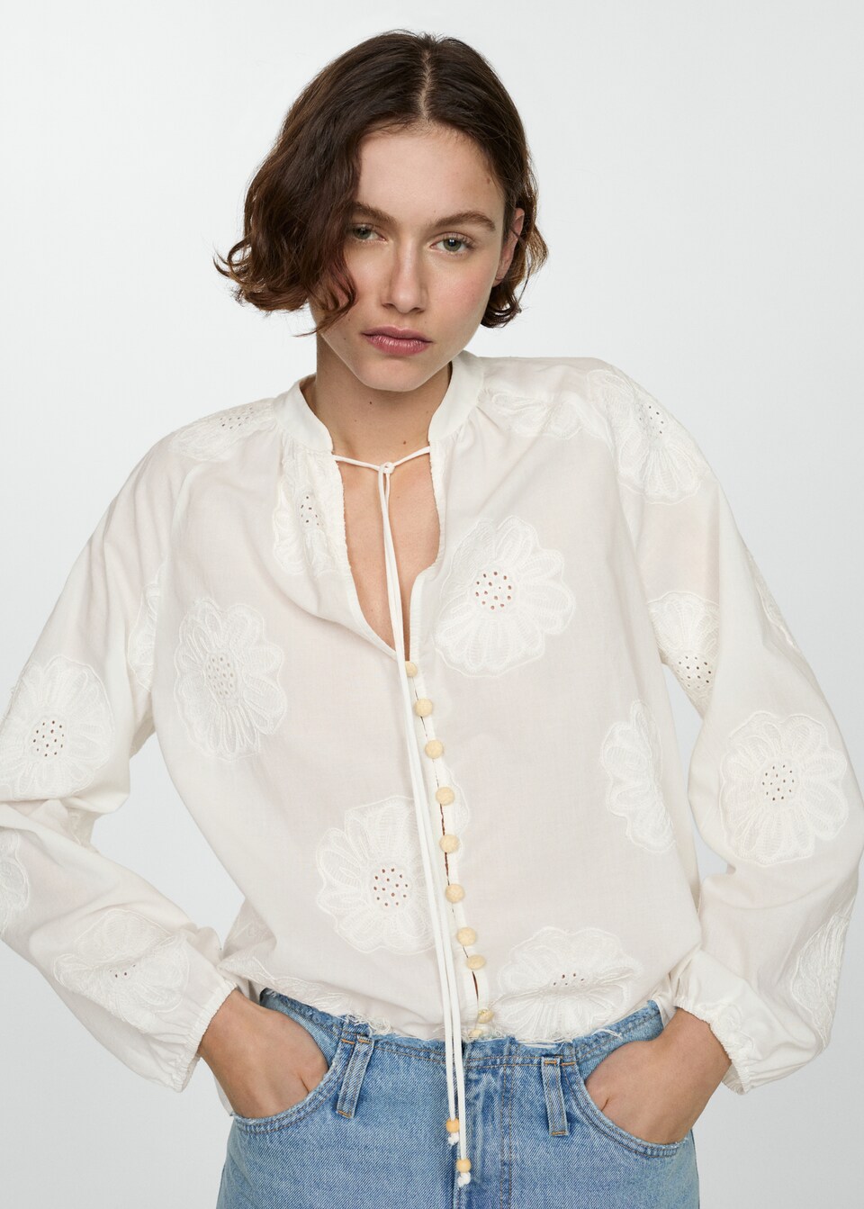 Floral embroidered blouse with bow - Woman | MANGO USA