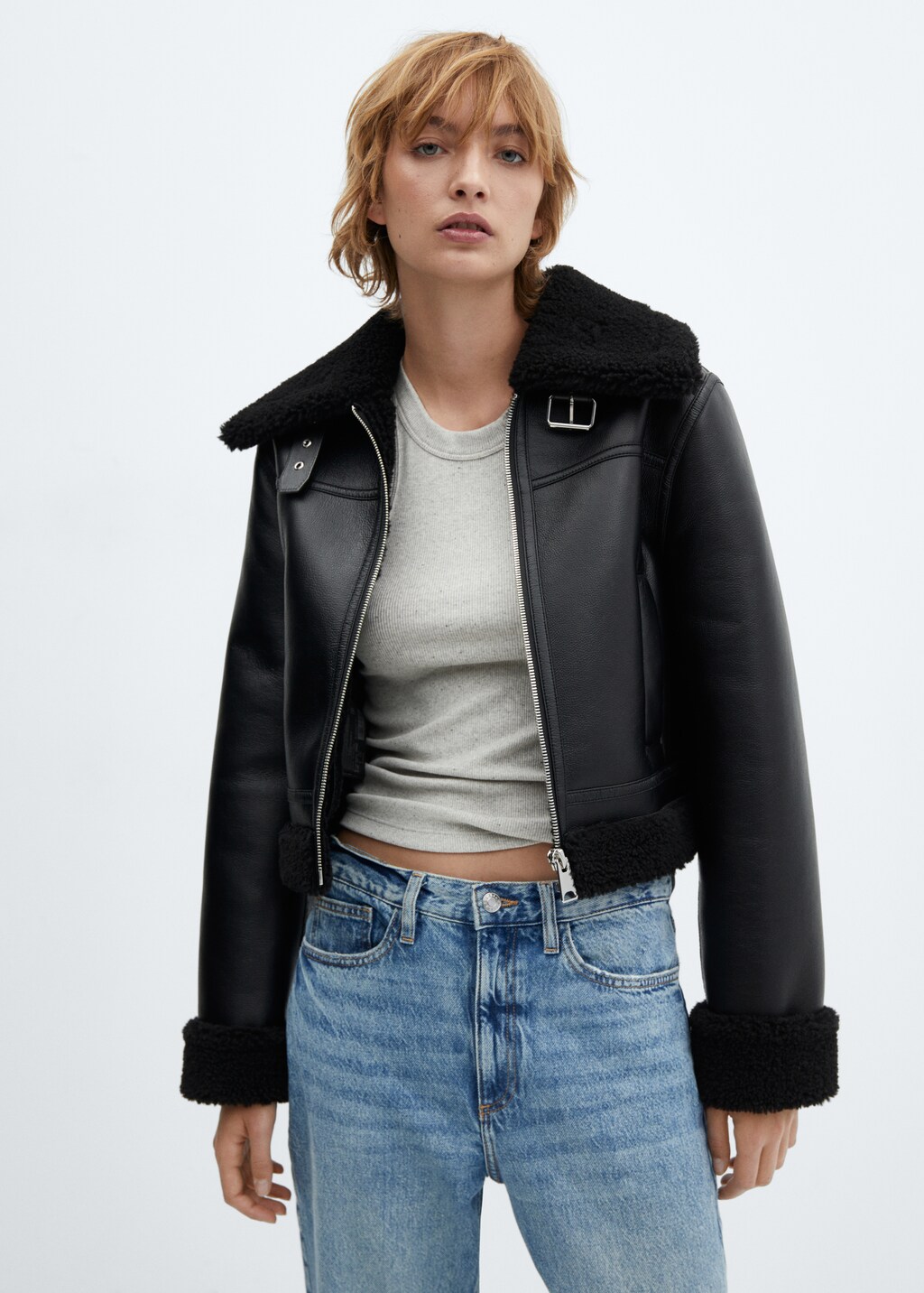 Faux shearling-lined biker jacket - Woman | MANGO USA