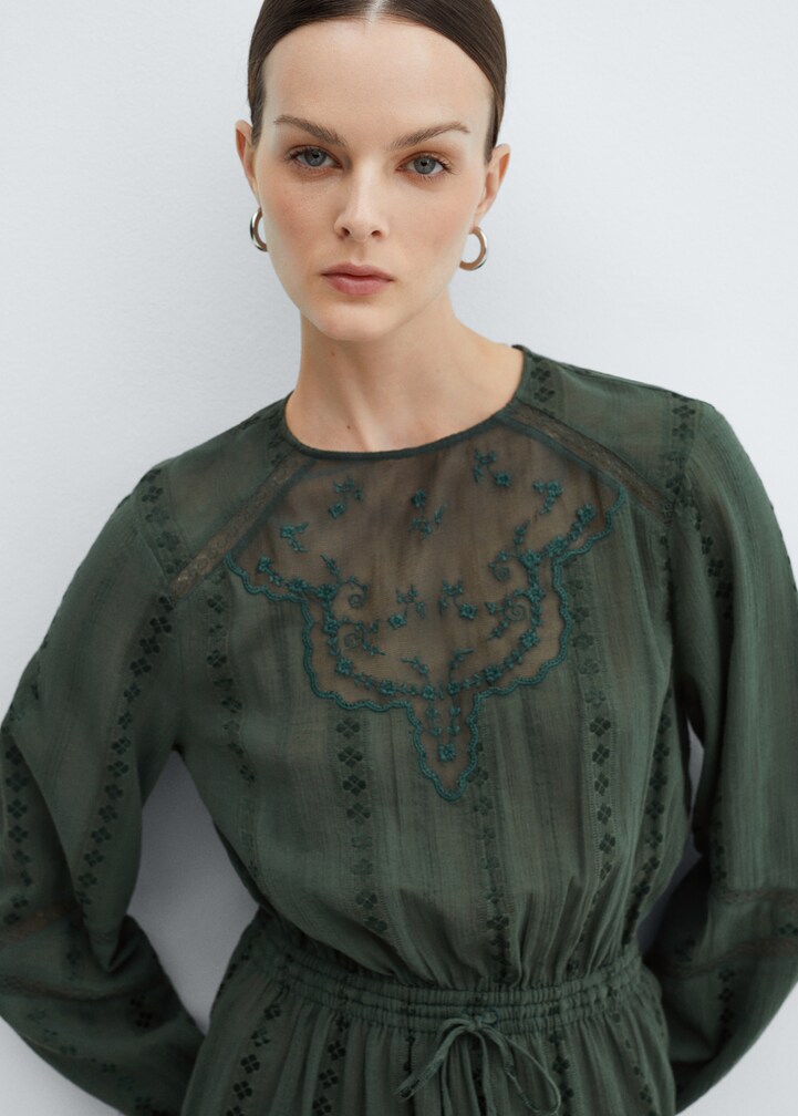 Puff Sleeved Embroidered Dress Woman Mango Usa