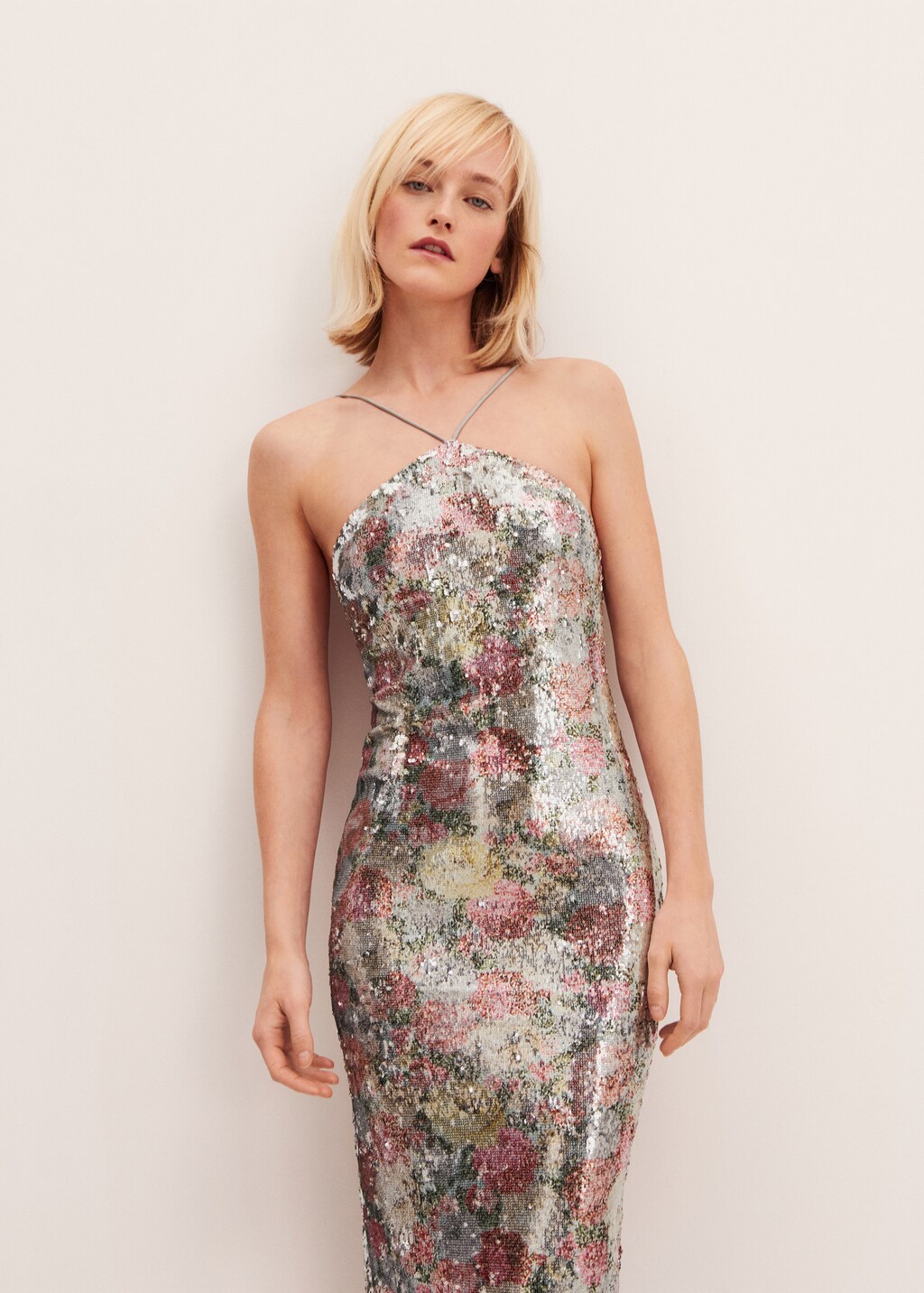 Sequinned Halter Neck Floral Dress Women Mango Usa