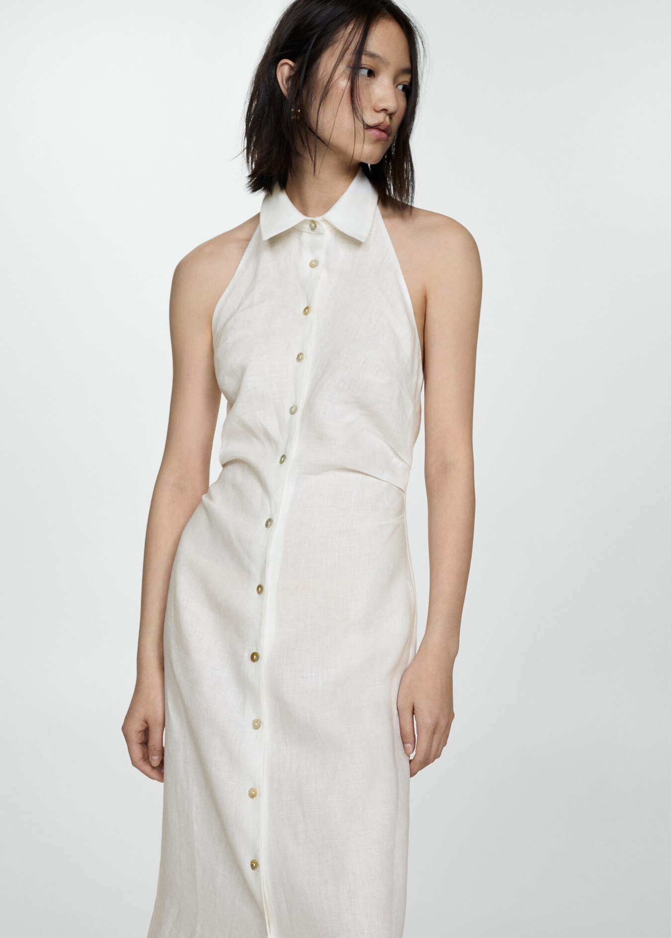Linen shirt-collar dress - Woman | MANGO USA