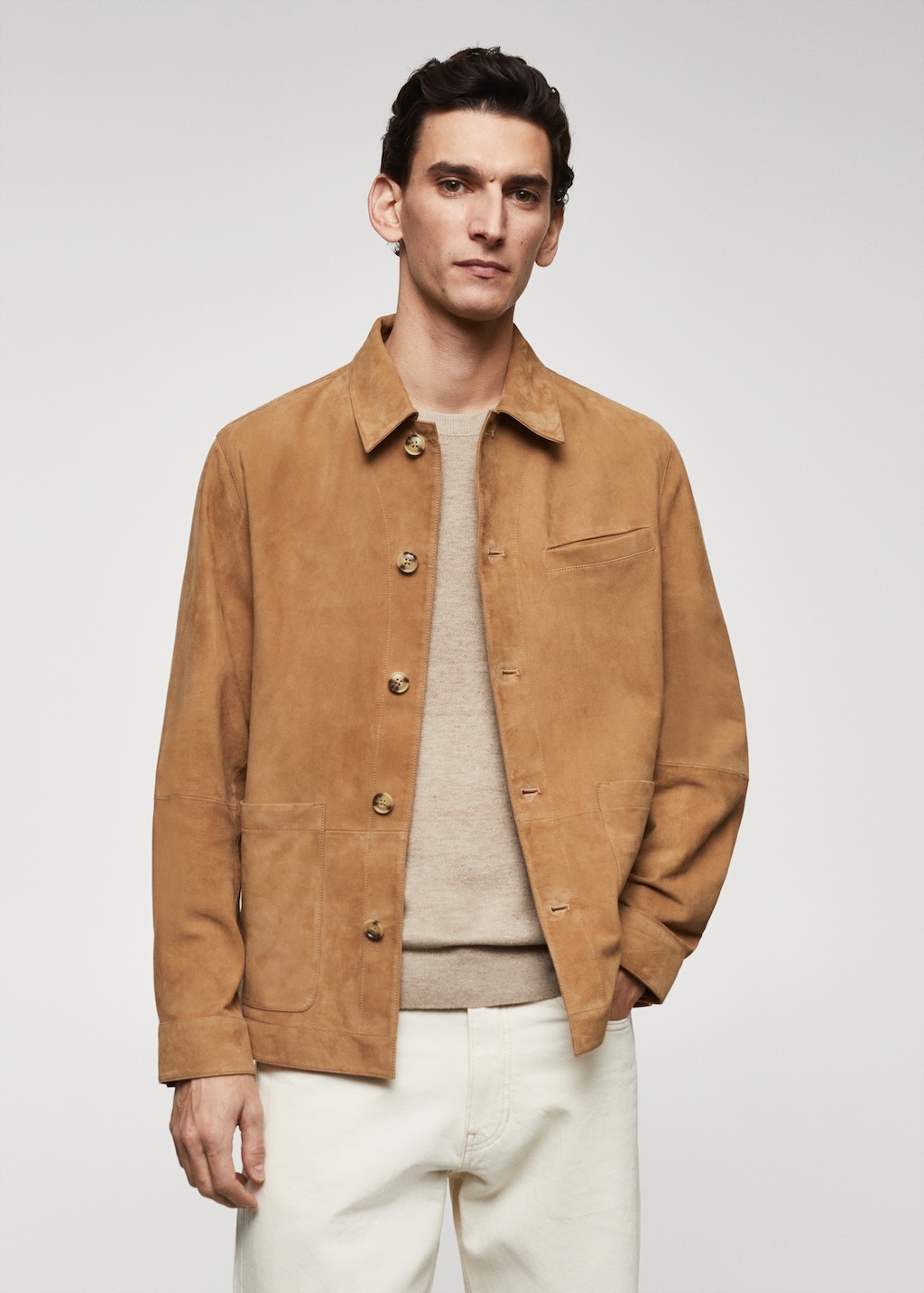Suede leather overshirt with pocket - Man | MANGO USA