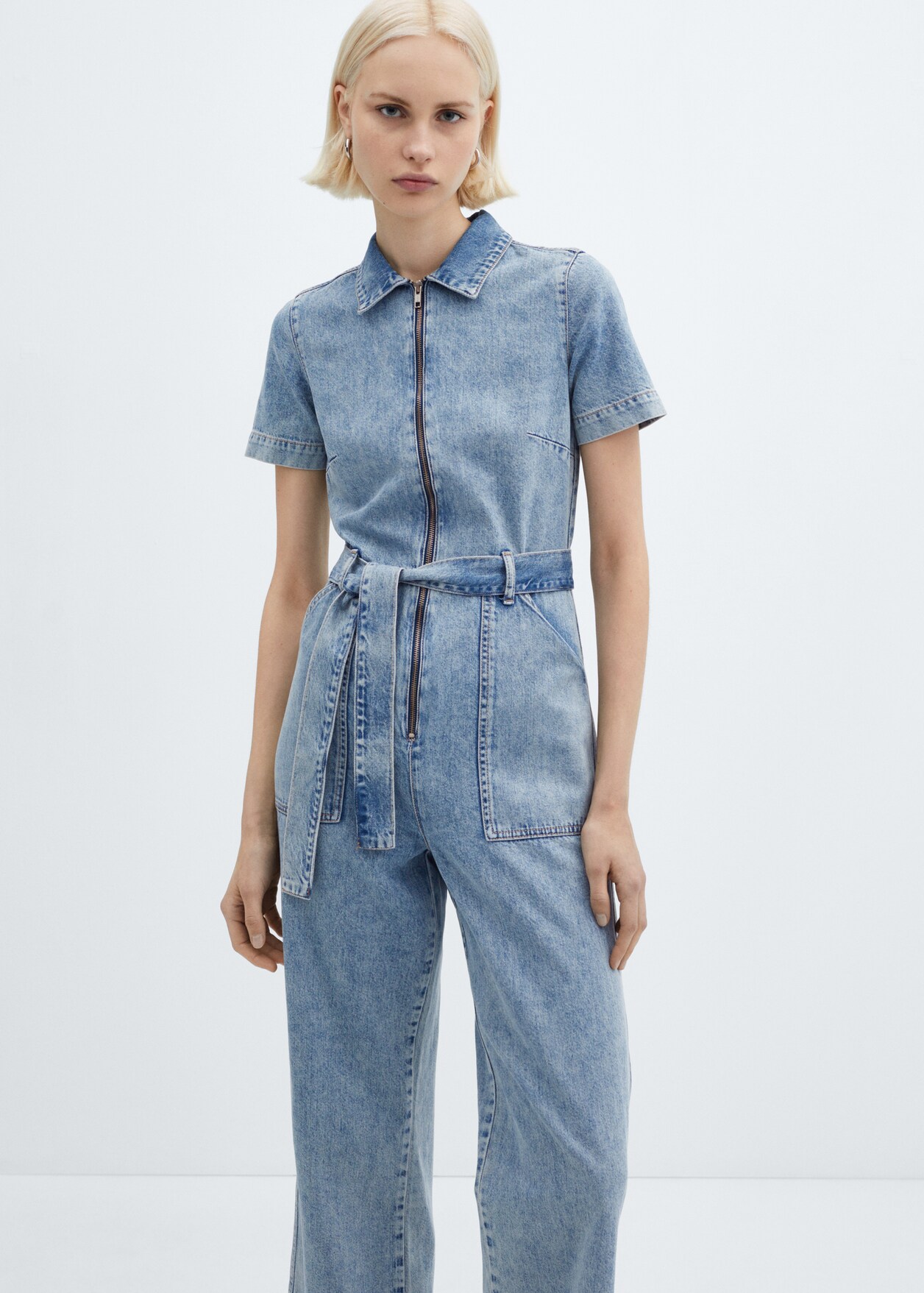 Short Sleeved Denim Jumpsuit Woman Mango Usa
