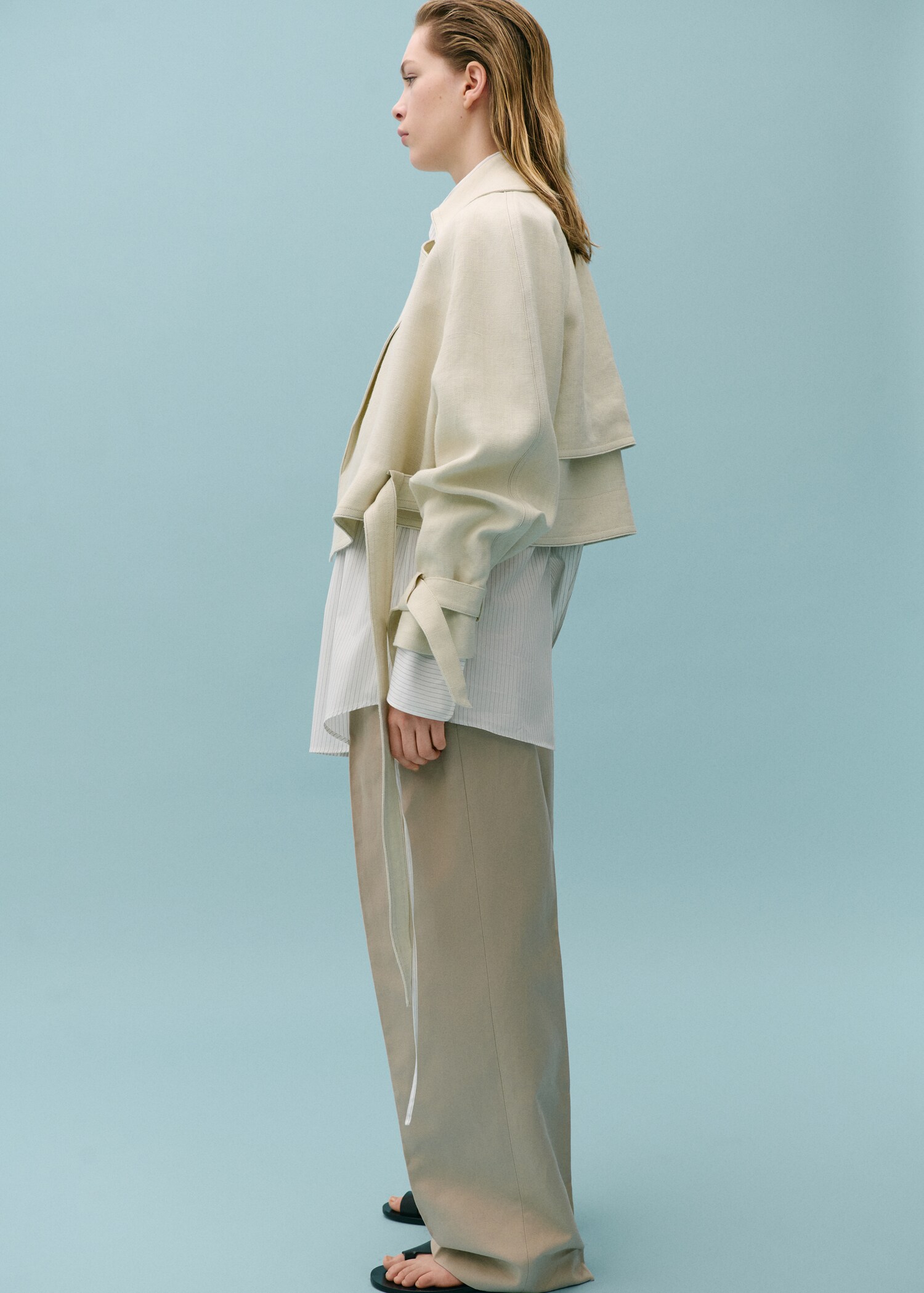 100% linen cropped trench coat