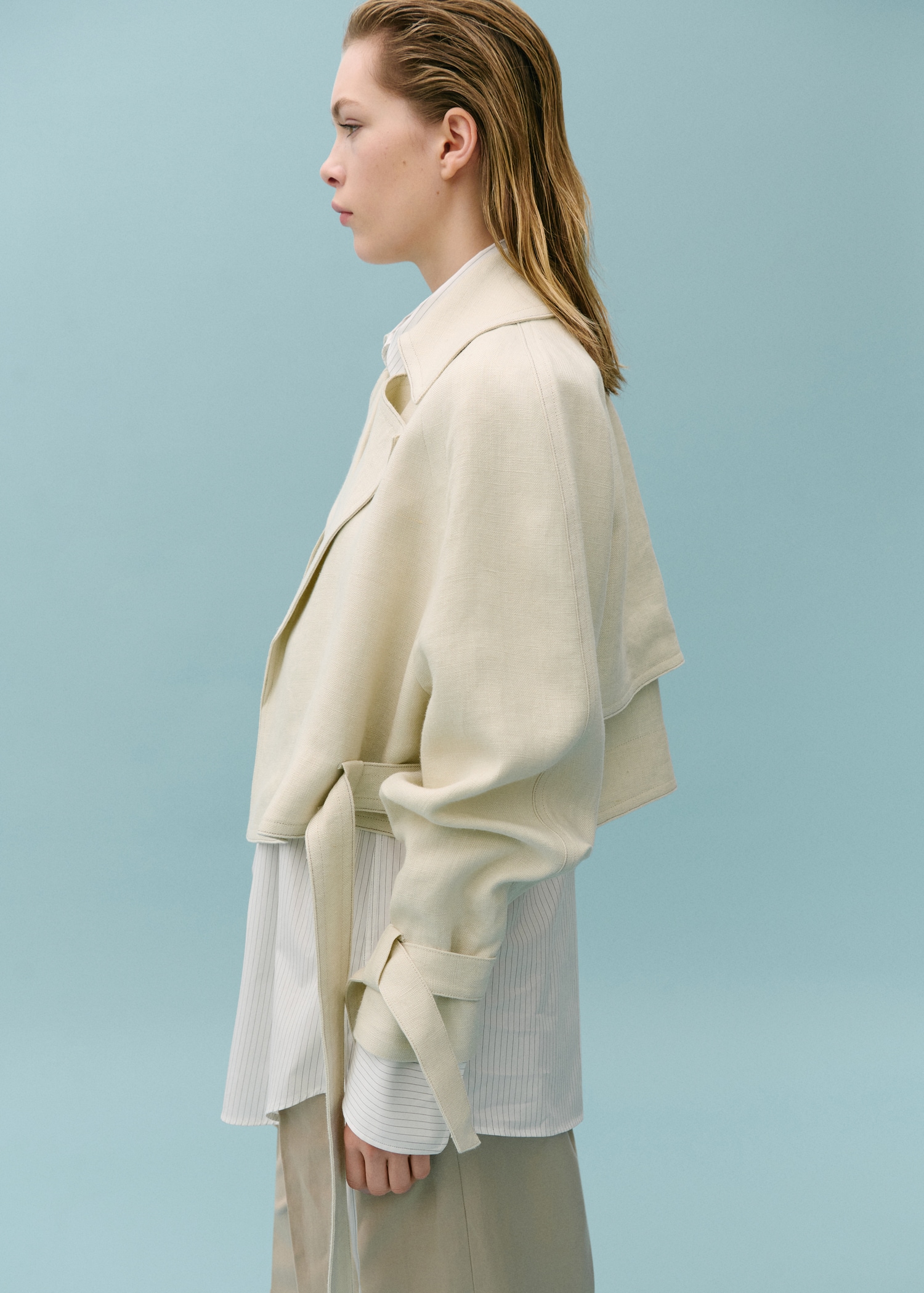 100% linen cropped trench coat