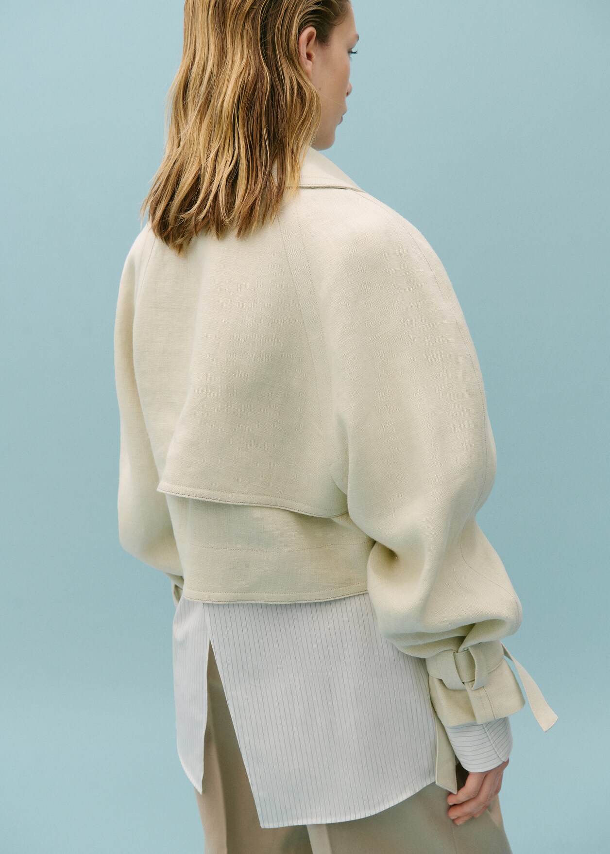 100% linen cropped trench coat