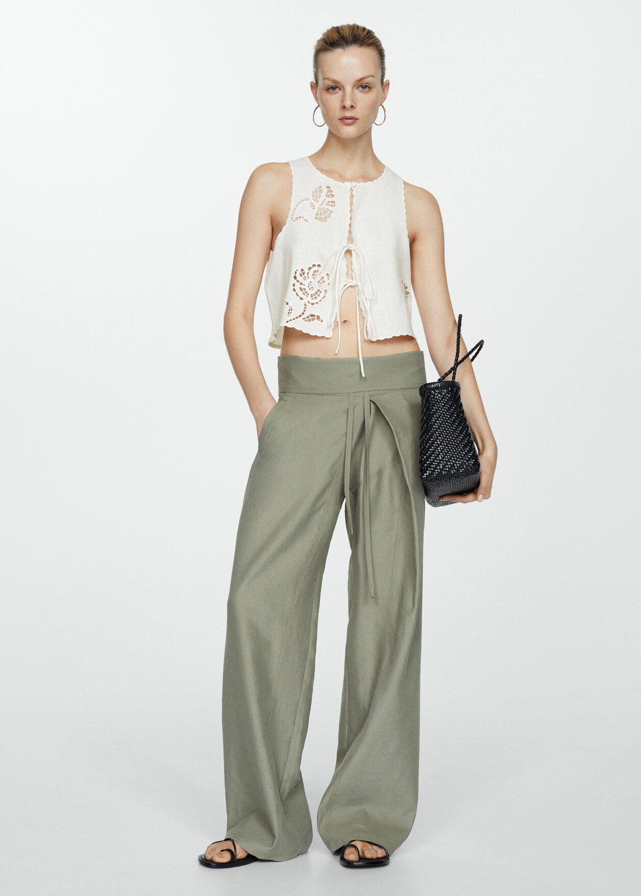 Openwork detail linen top - Woman | MANGO USA