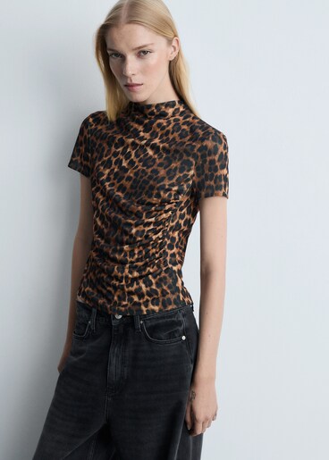Leopard Print T Shirt With Ruffled Detail Women Mango Usa