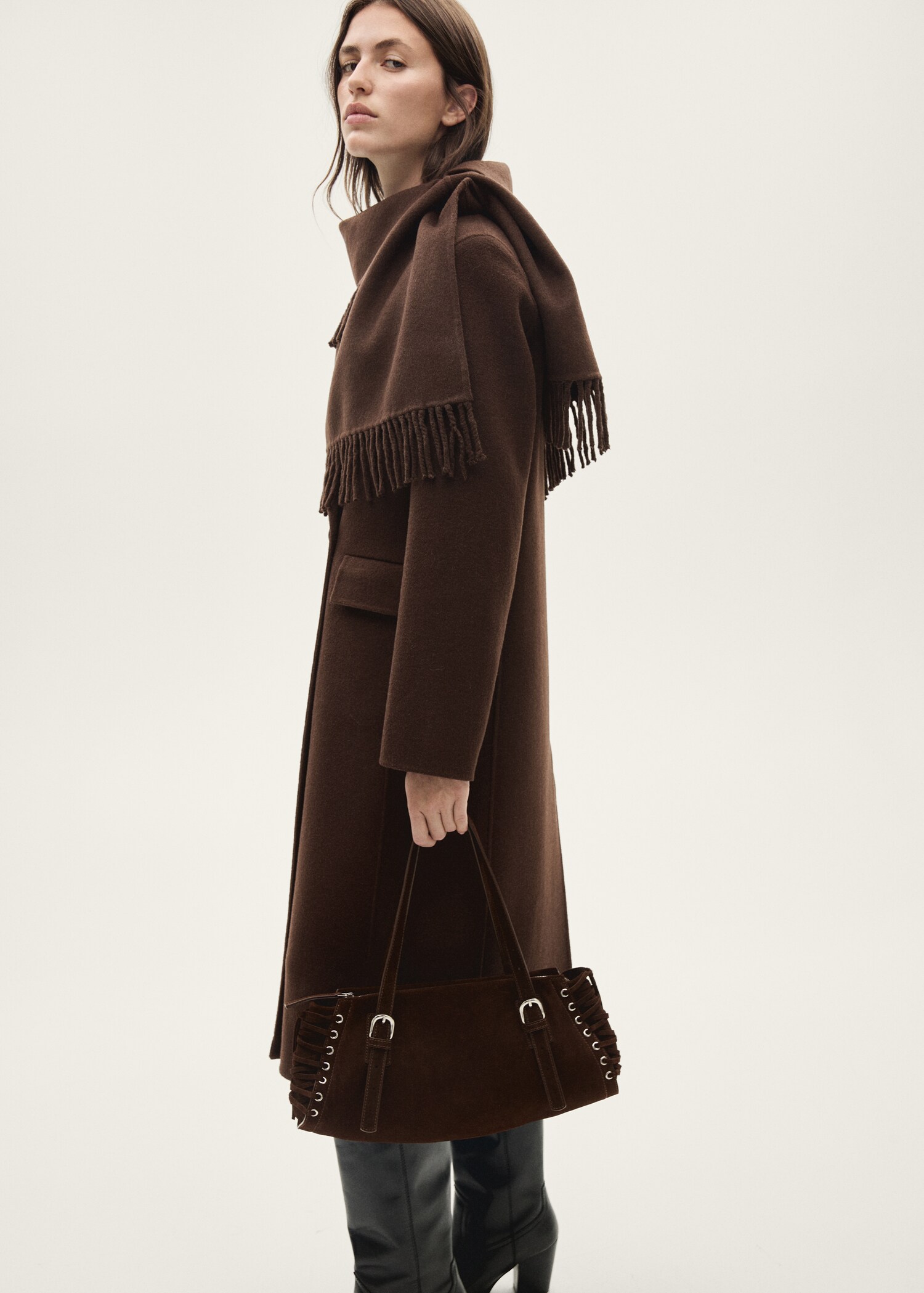 Wool coat with fringed scarf - Women | MANGO USA