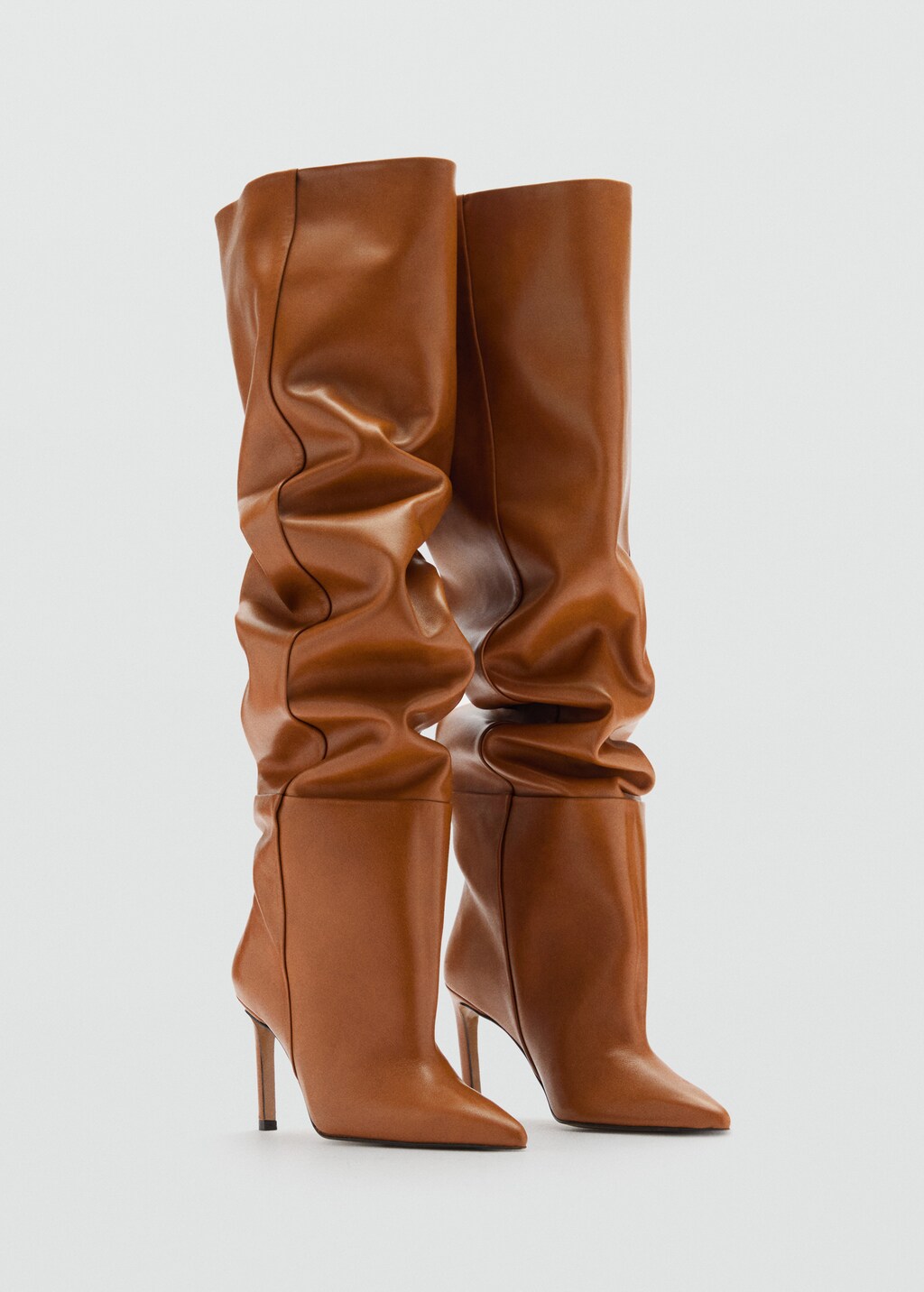 Knee-high leather boots with ruched detail - Women | MANGO Nigeria