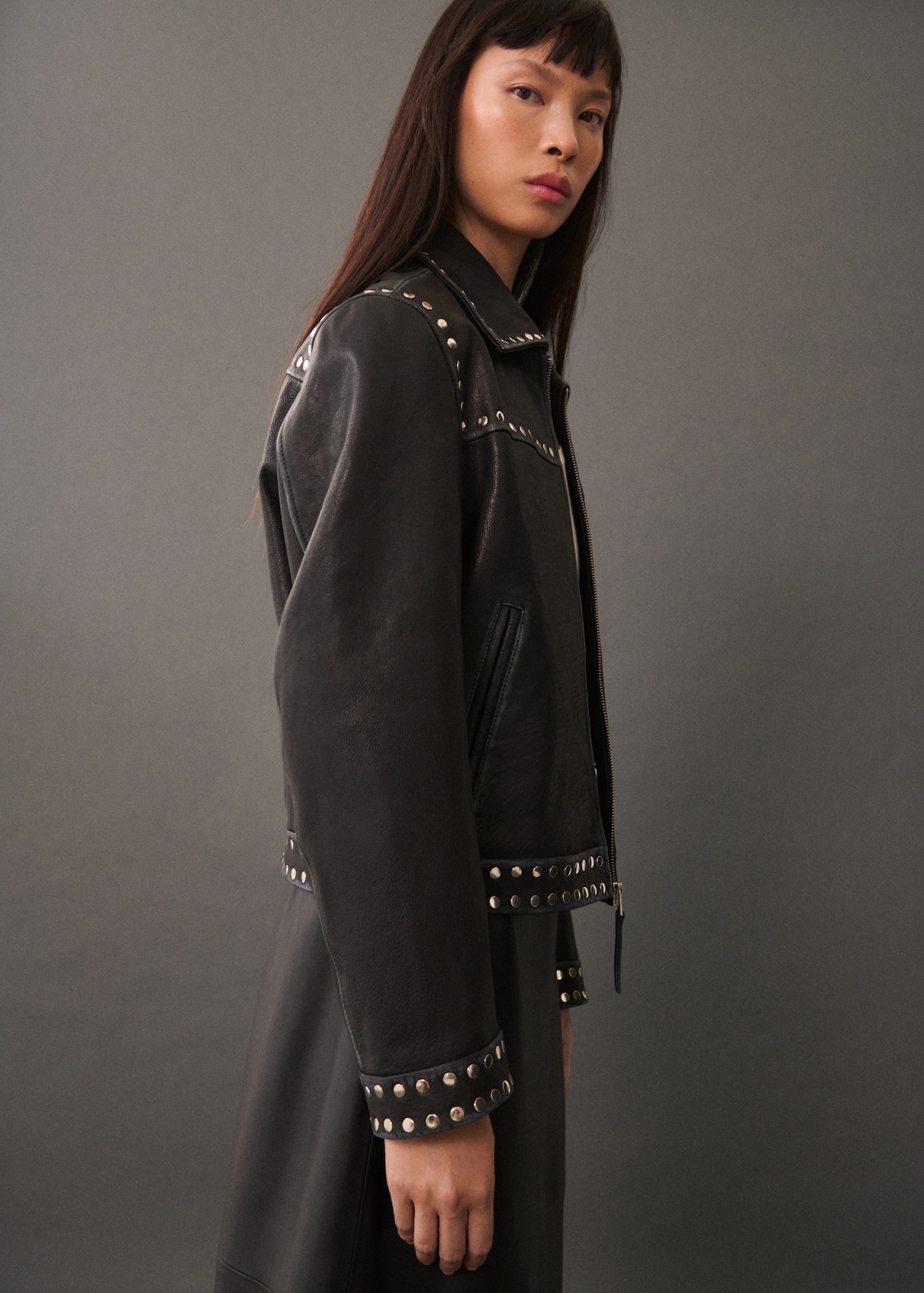 Studded leather jacket - Women | MANGO USA
