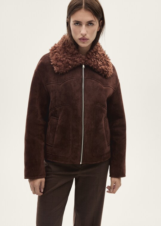 Suede-effect jacket with fleece collar - Women | MANGO USA