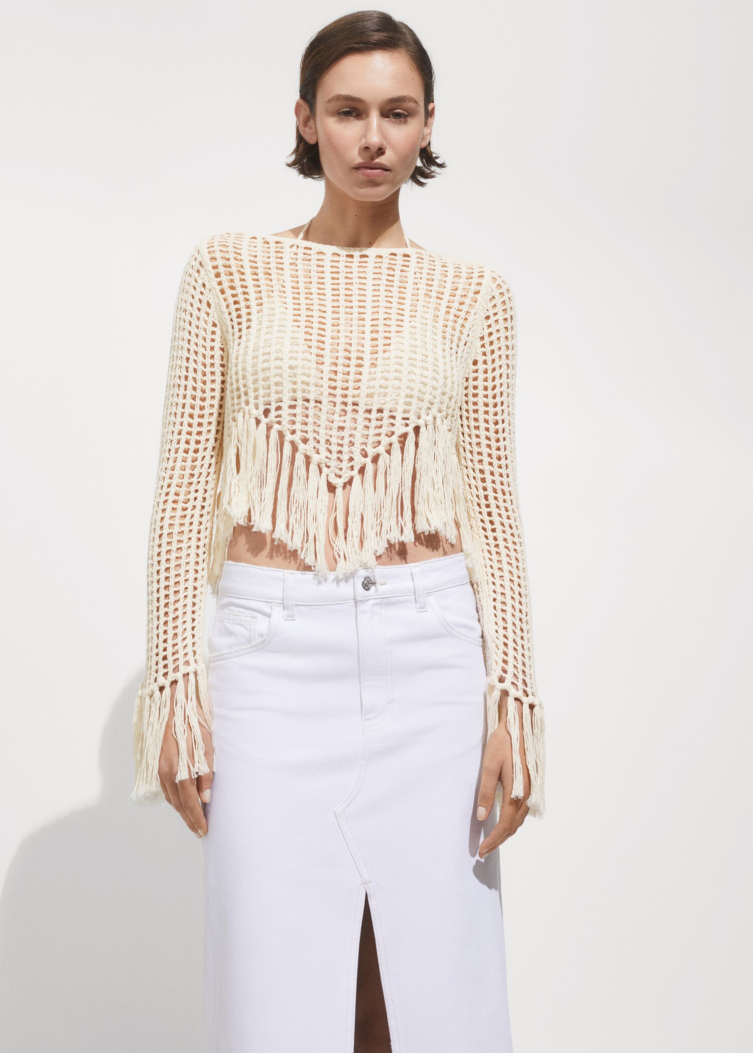 Openwork Knitted Sweater With Fringes Women Mango Usa