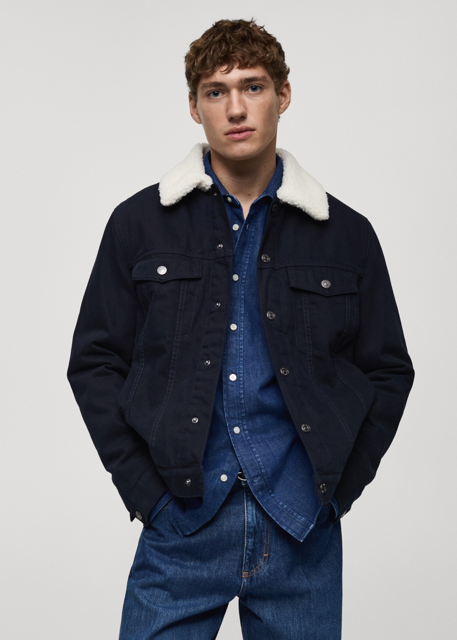 Denim jacket with sheepskin collar - Men | MANGO USA