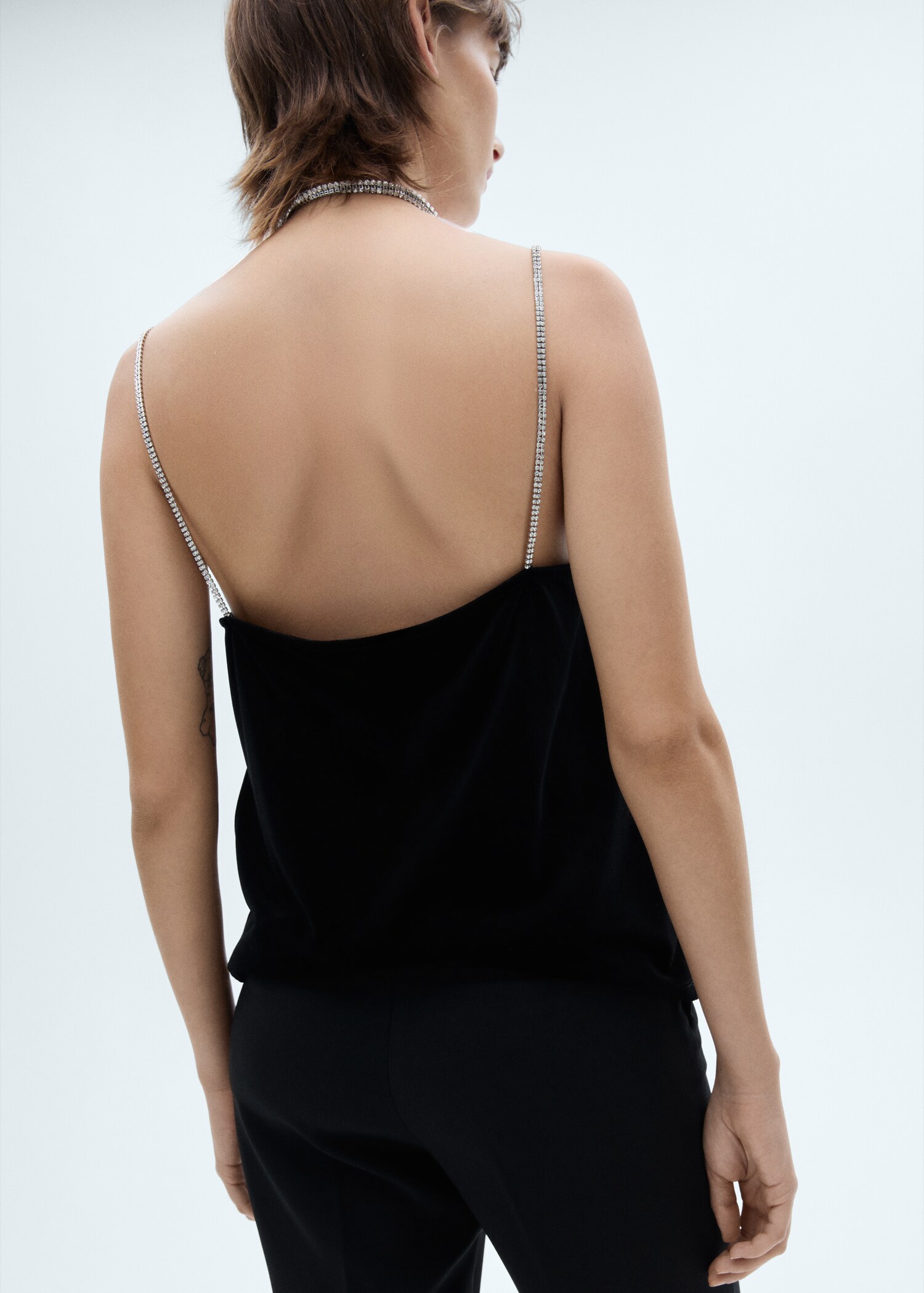 Velvet top with rhinestone straps - Women | MANGO USA