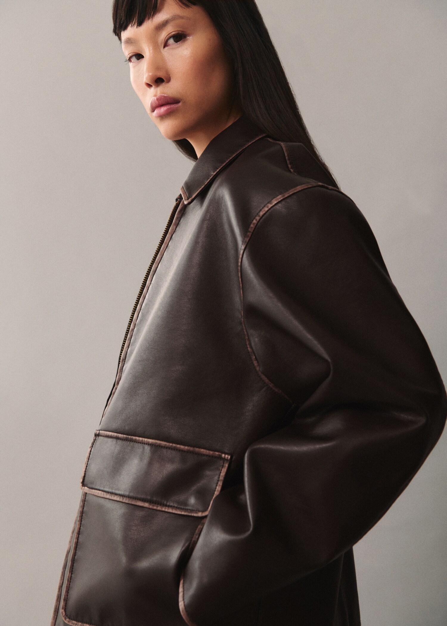 Leather-effect jacket with contrast stitching - Women | MANGO USA