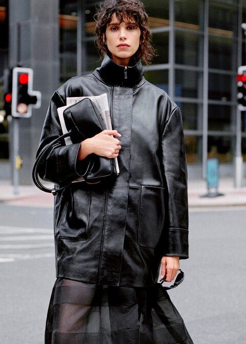 Oversized leather jacket - Women | MANGO USA