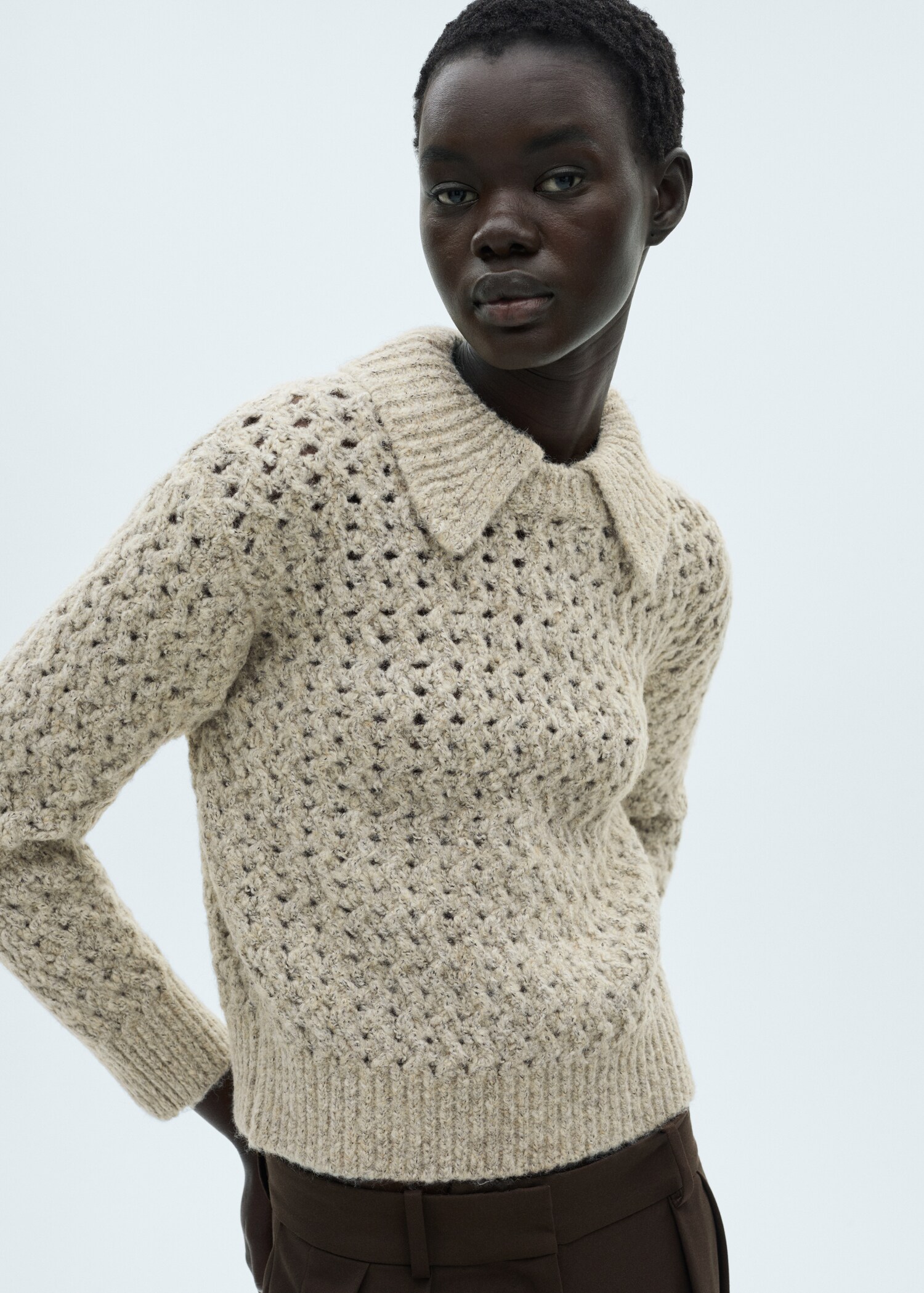 Openwork knitted polo-neck sweater - Women | MANGO United Kingdom