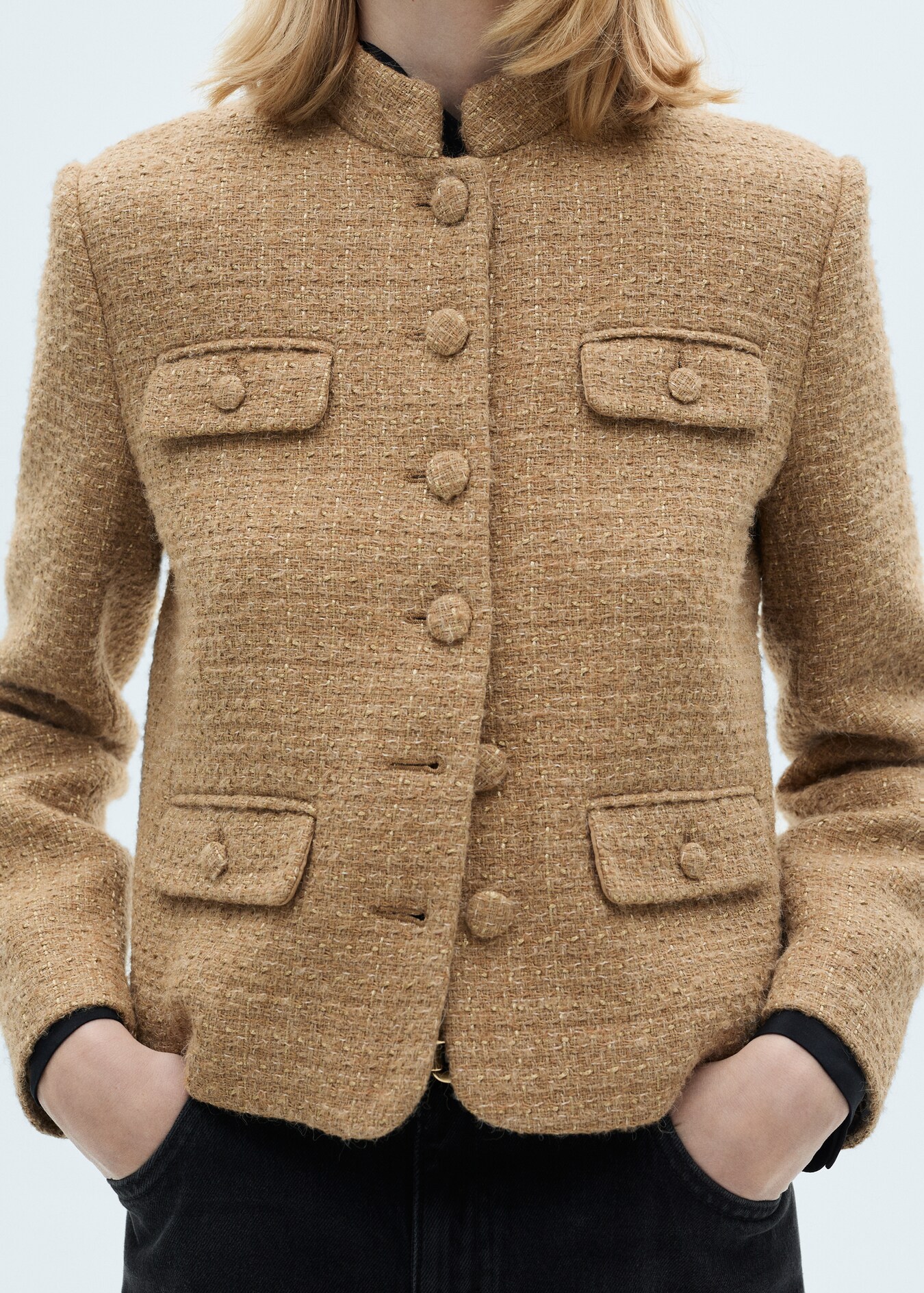 Tweed jacket with striped collar - Women | MANGO USA