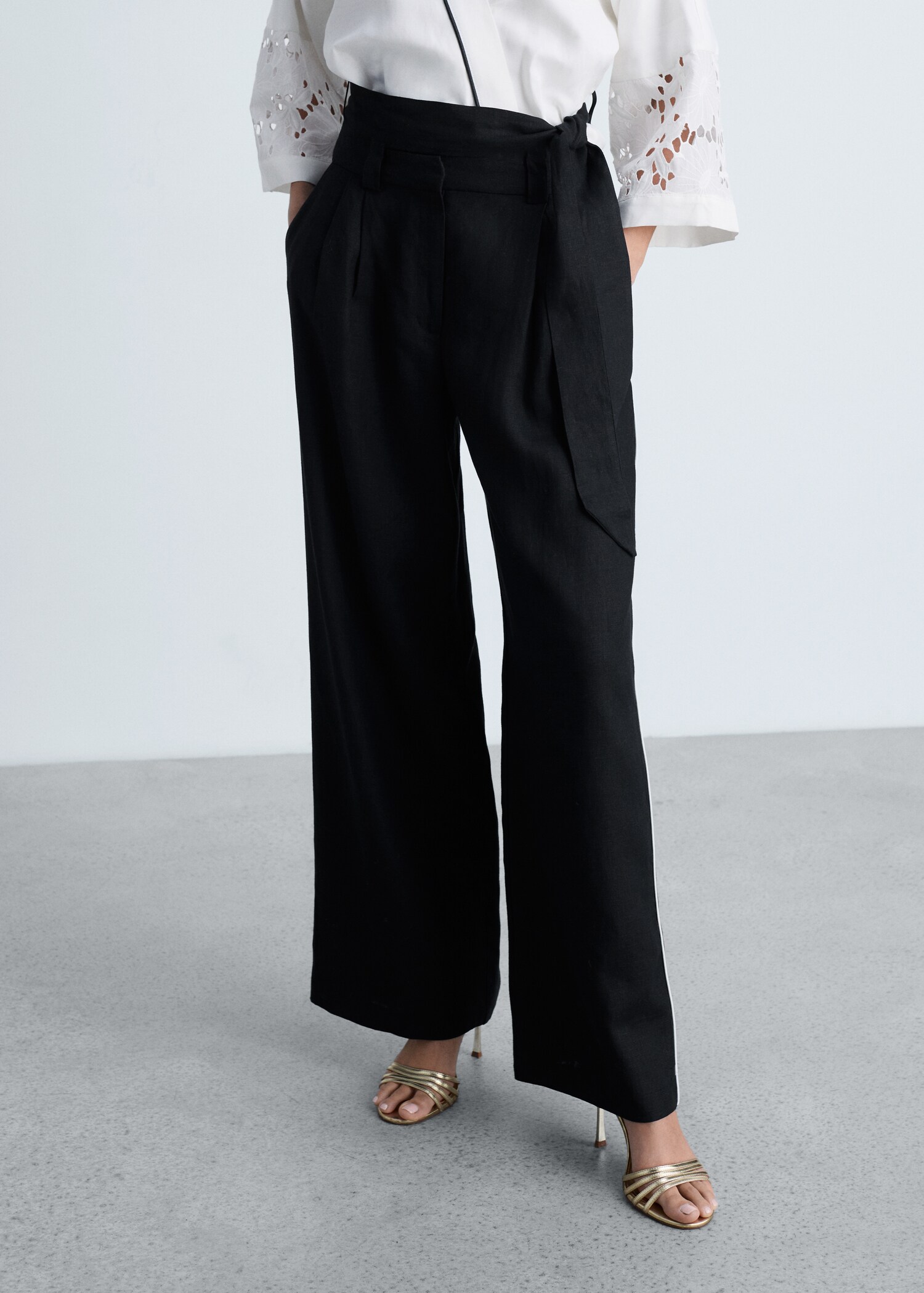 Contrast-stripe linen pants - Women | MANGO USA