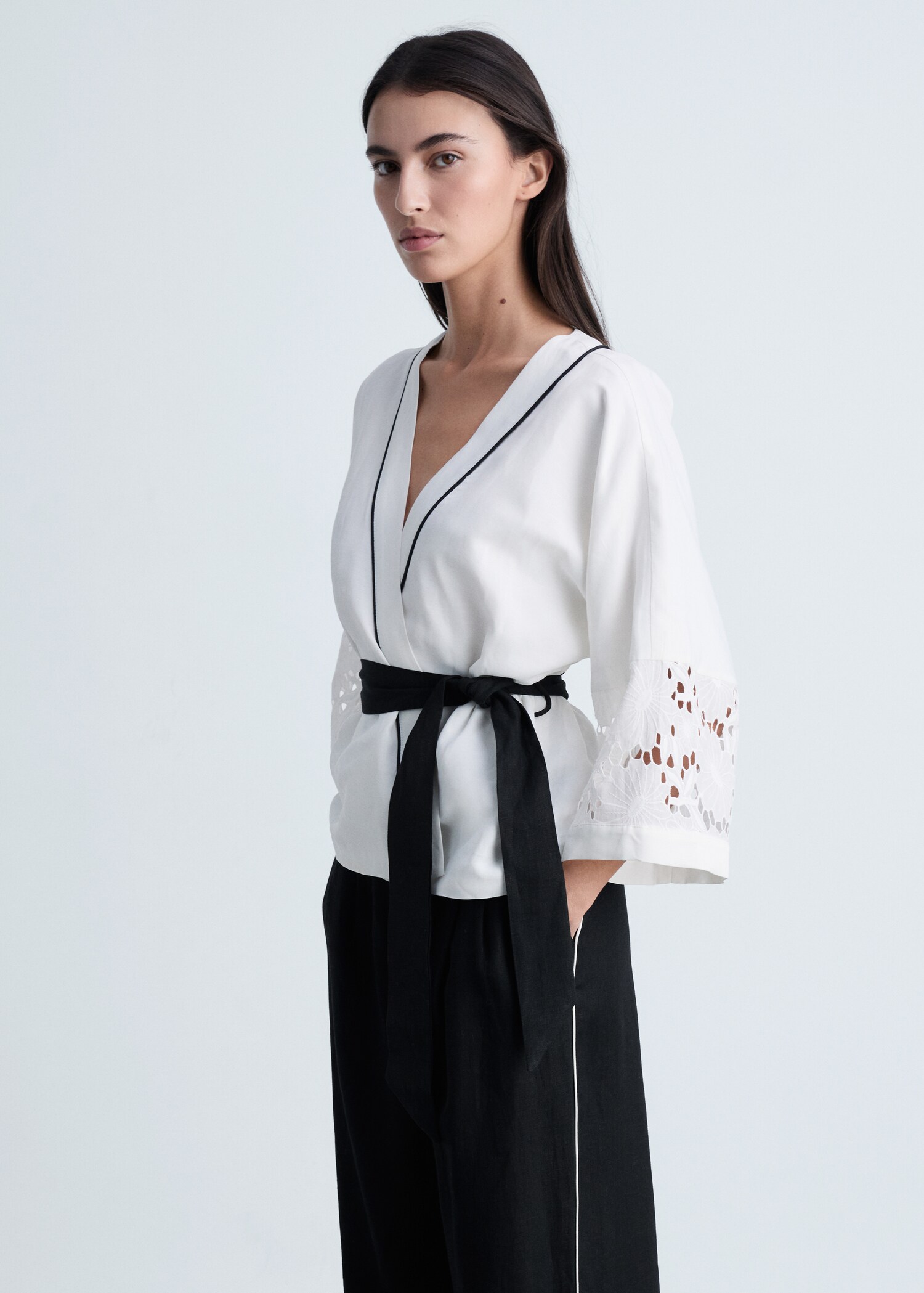 Contrast-stripe linen pants - Women | MANGO USA