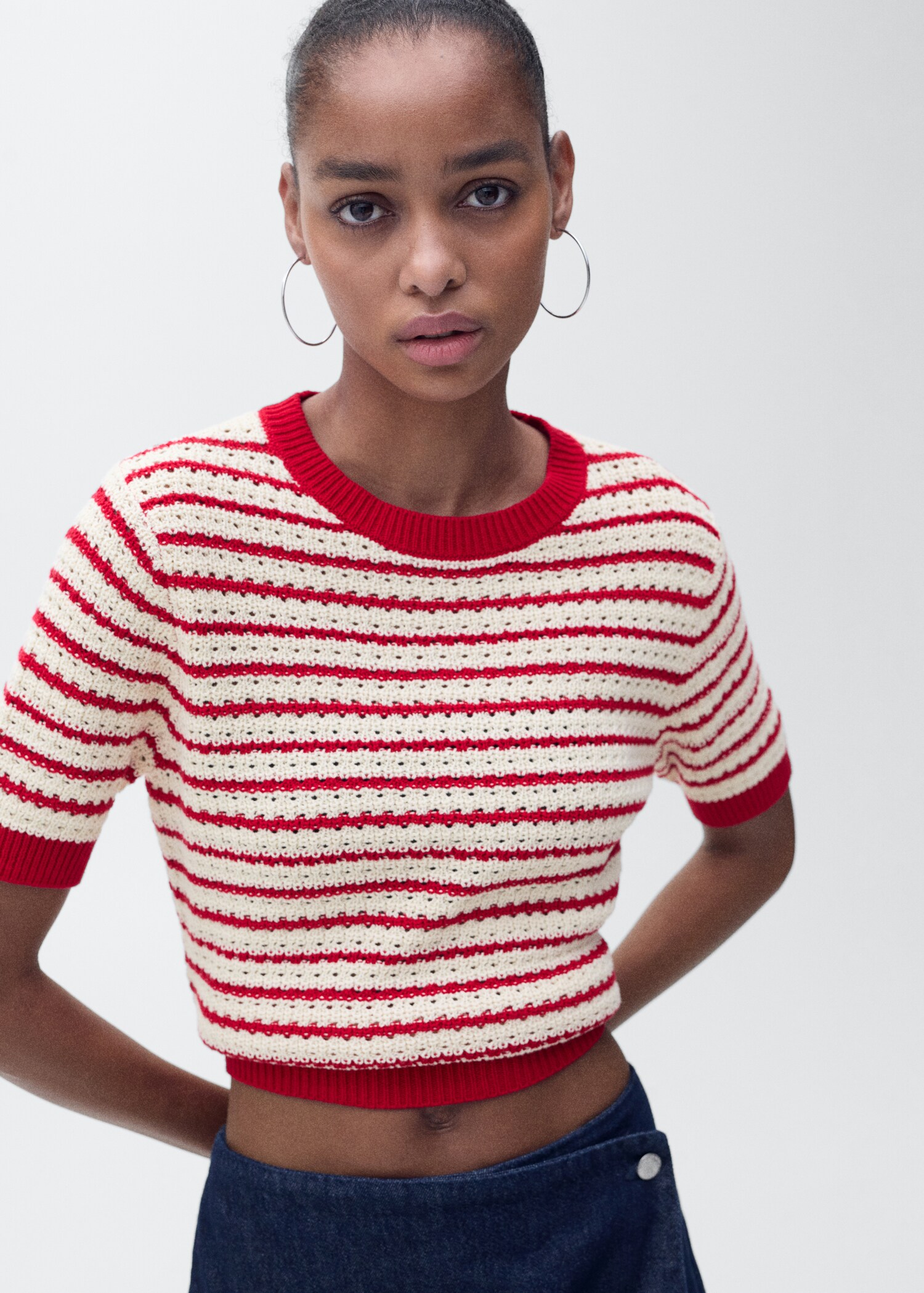 Striped short-sleeved crochet sweater - Women | MANGO USA