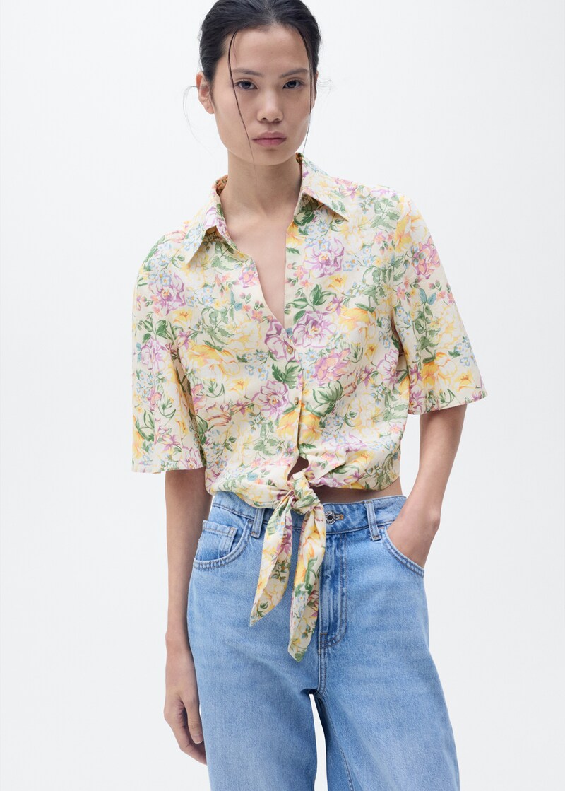 Floral linen shirt with knot detail - Women | MANGO USA