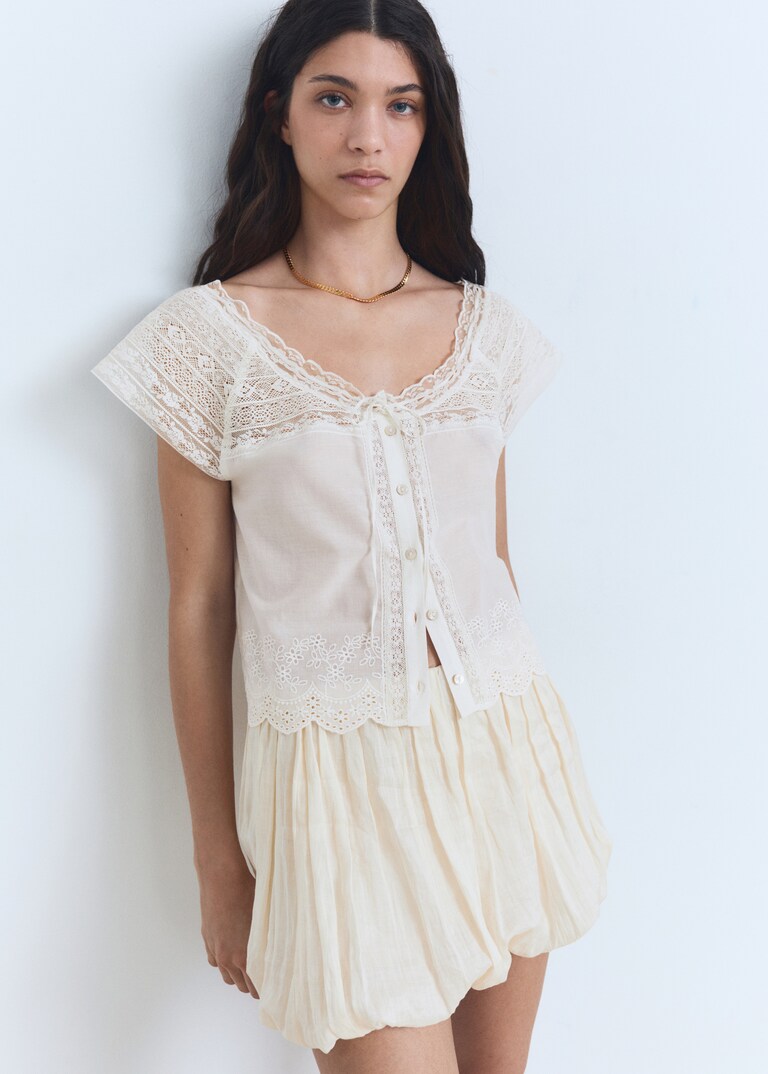 Cotton blouse with lace details - Women | MANGO USA