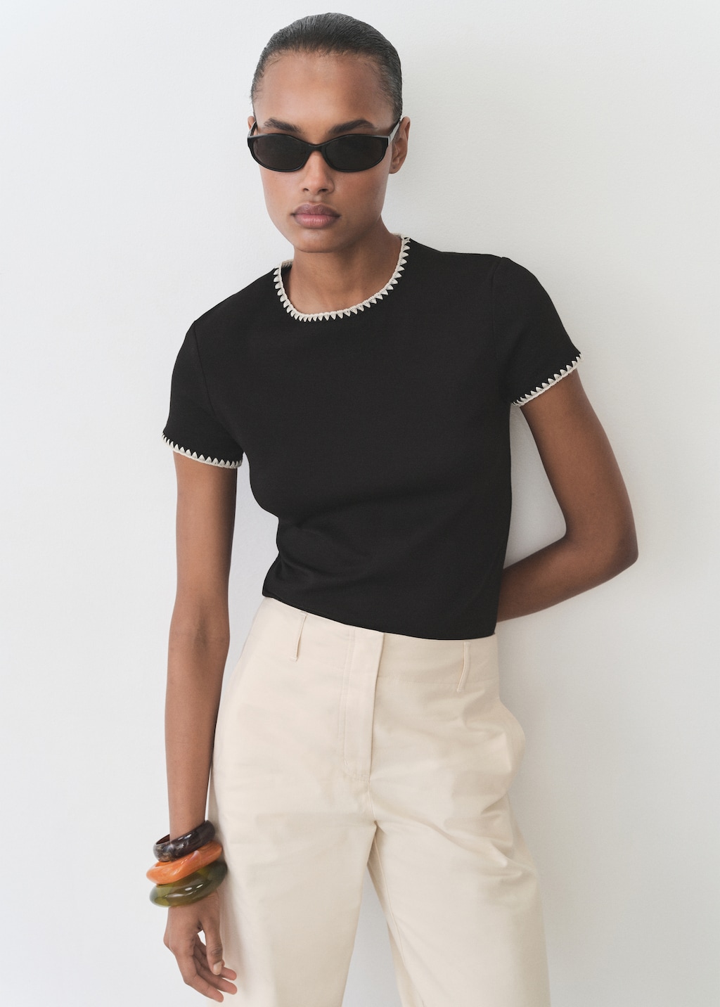 Cotton T Shirt With Contrasting Trim Women Mango Usa