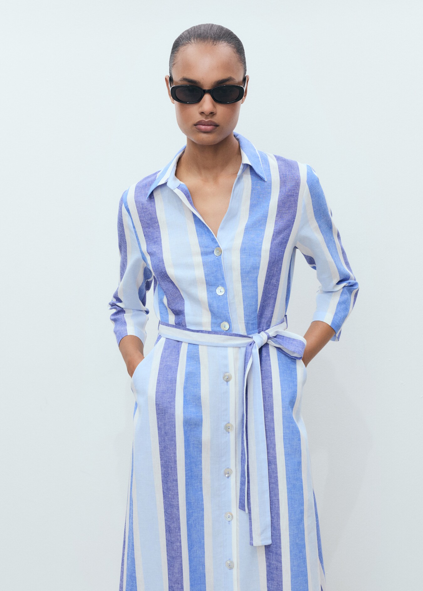 Striped linen dress with belt - Women | MANGO United Kingdom