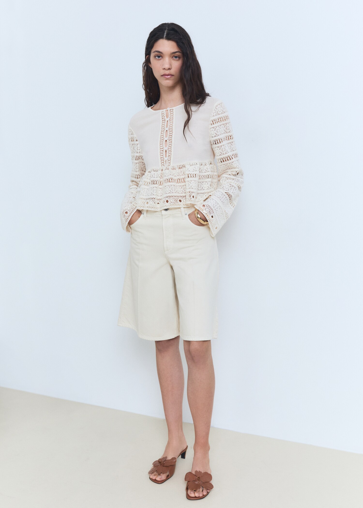 Embroidered cotton blouse with openwork details - Women | MANGO United Kingdom