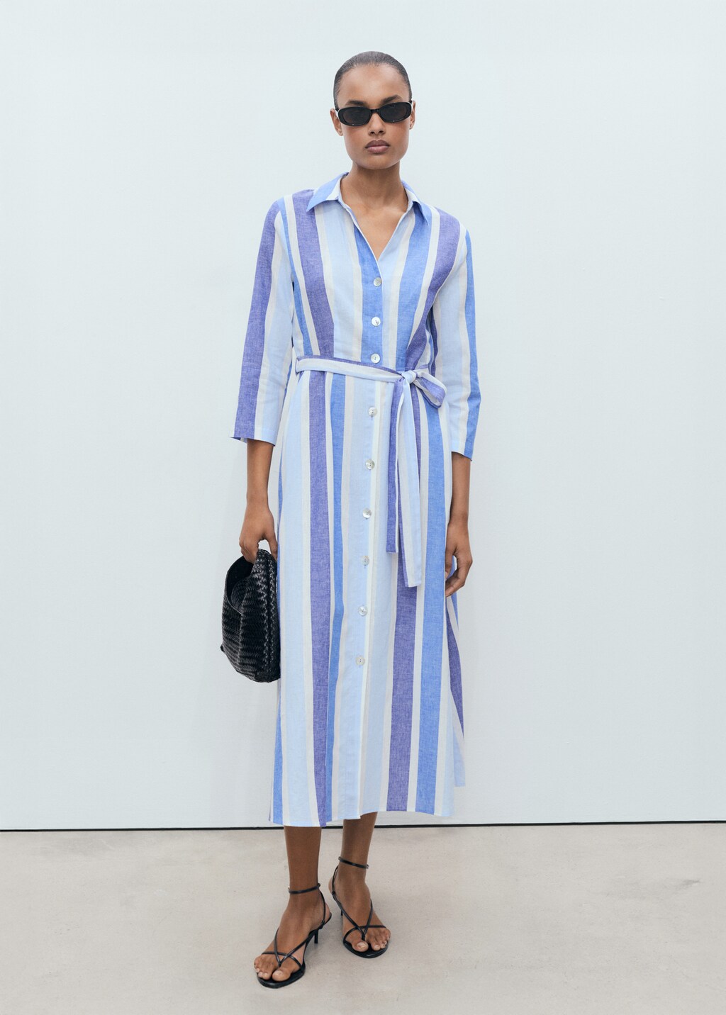 Striped linen dress with belt - Women | MANGO United Kingdom